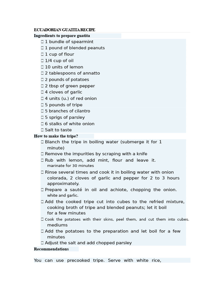 Ecuadorian Guatita Recipe | PDF | Food And Drink Preparation | Western ...