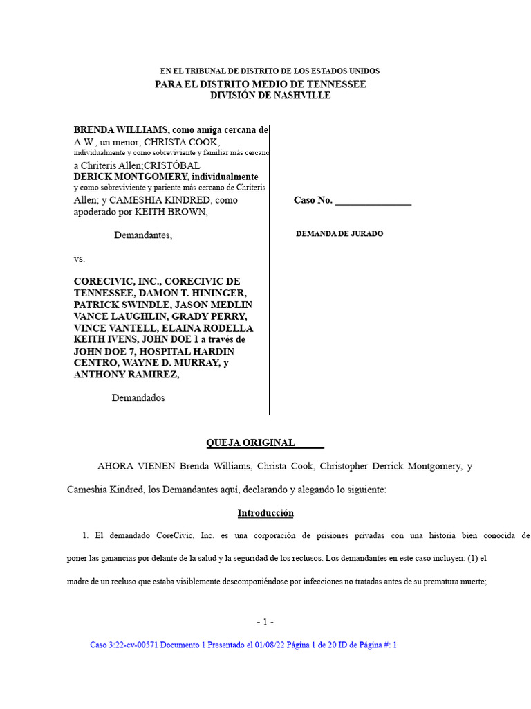 Williams y Otros Contra CoreCivic, Inc. y Otros | PDF | Hospital | Prisión