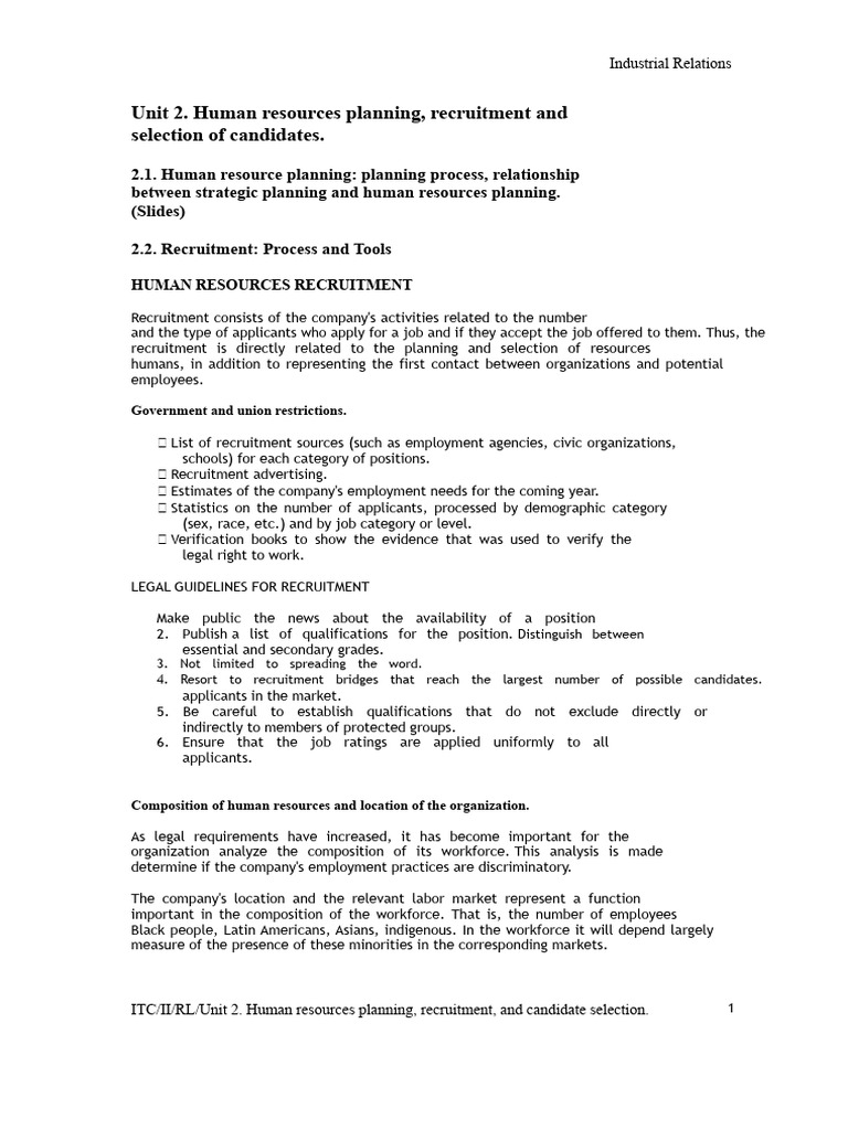 Unit 2. Human Resources Planning, Recruitment, and Selection of ...