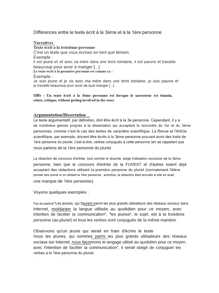 Différences Entre Un Texte Écrit À La 3ème Personne Et À La 1ère ...
