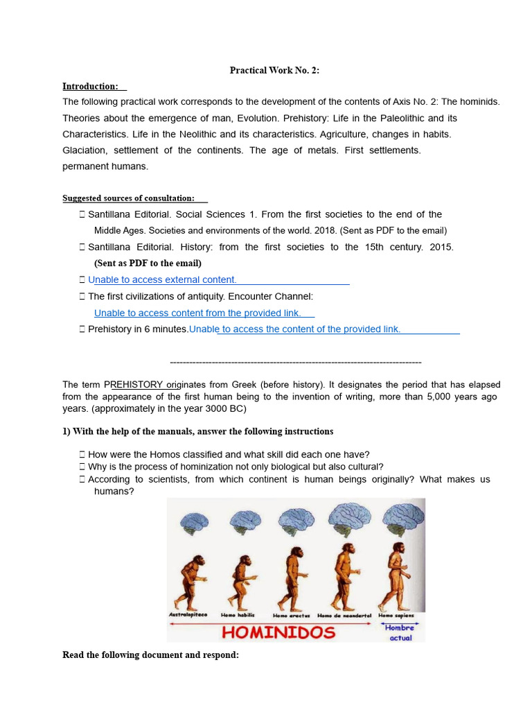 Practical Work N2 PREHISTORY | PDF | Paleolithic | Neolithic