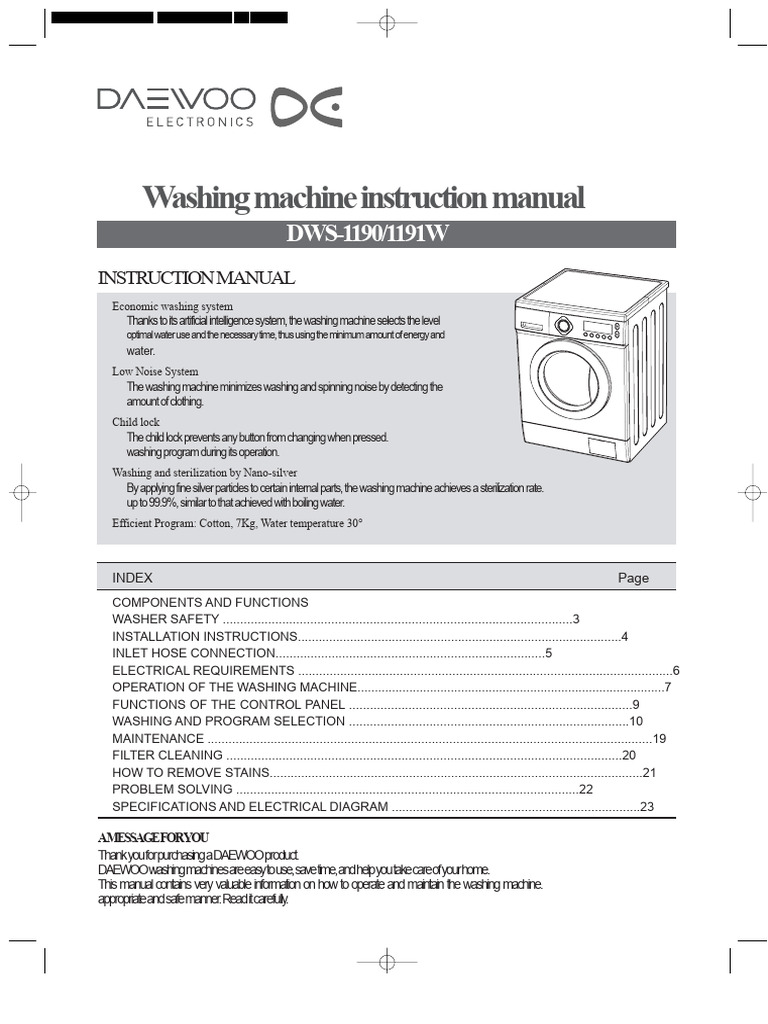 DAEWOO Washing Machine Manual DWS-1190/1191W | PDF | Washing Machine ...