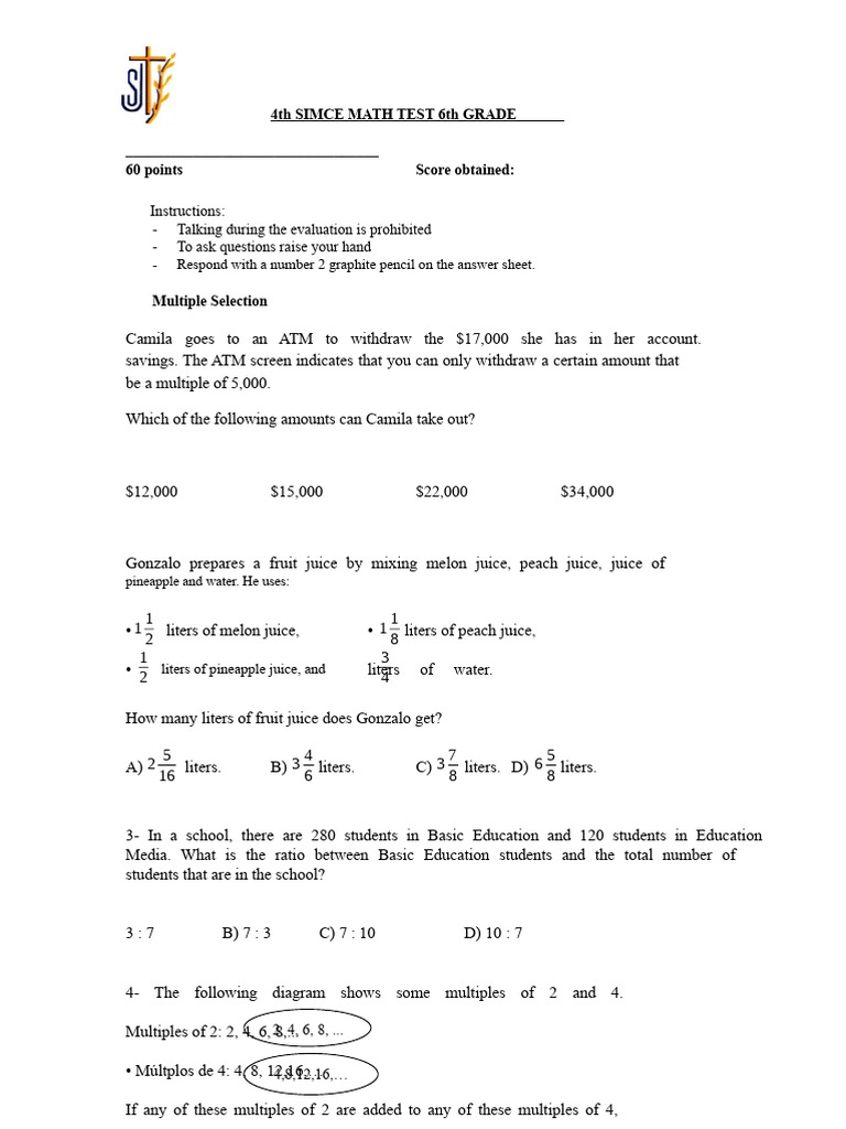 4th Grade SIMCE Math Test Questions | PDF | Multiple Choice | Mathematics