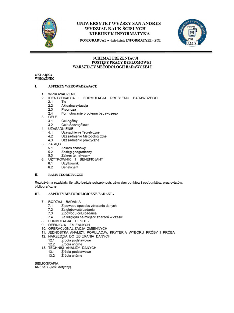 Schemat Profilu Pracy Magisterskiej MTDPT - PGI - UMSA | PDF