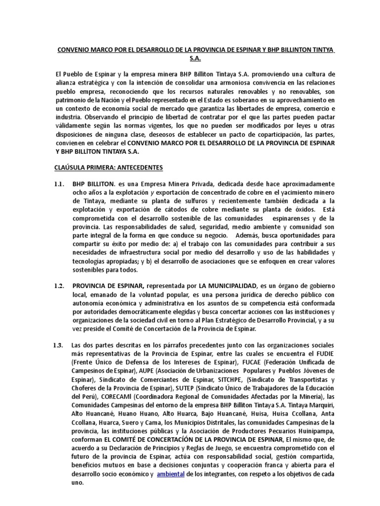 Convenio Marco Por El Desarrollo de La Provincia de Espinar | PDF ...