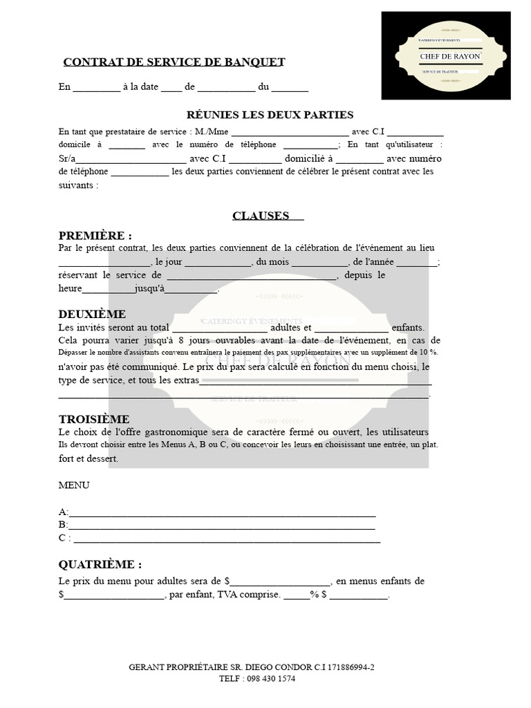 Contrat de Service de Traiteur | PDF