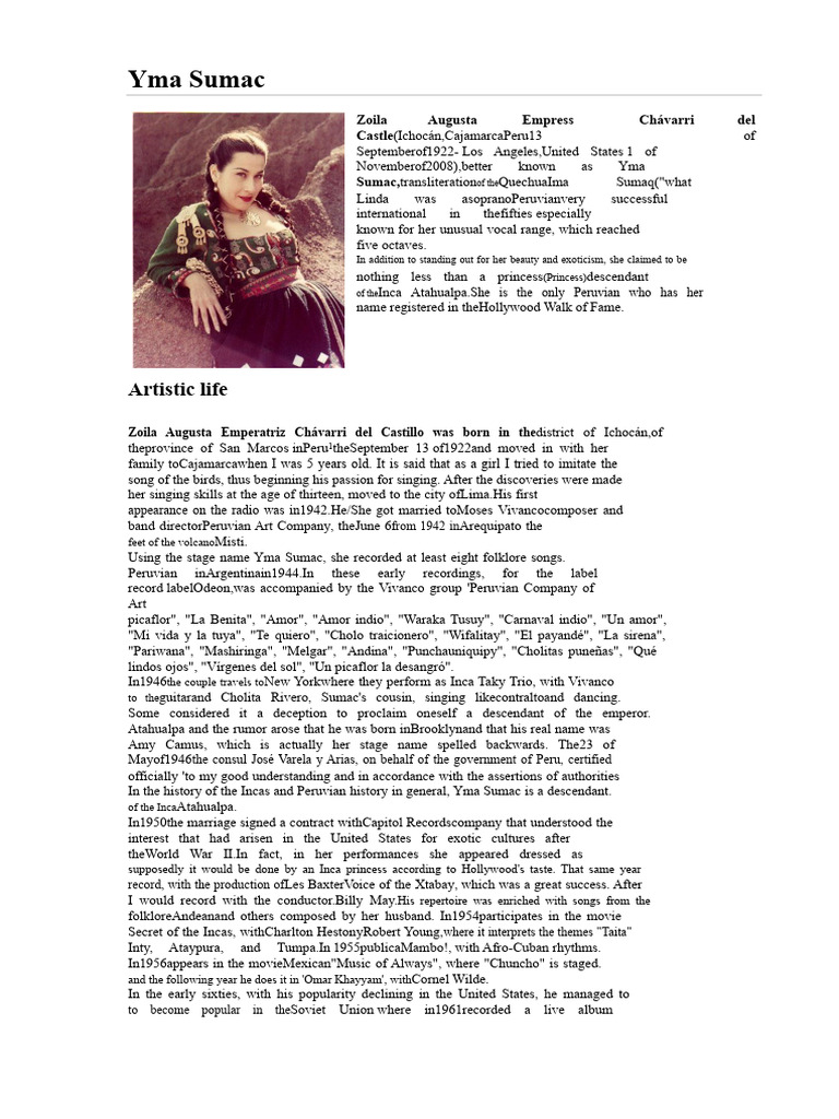 Yma Sumac: Life and Career Overview | PDF | Vocal Music | Singing