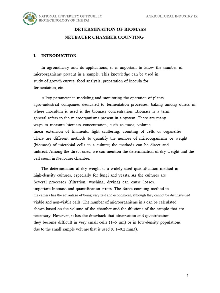 Biomass Determination via Neubauer Chamber | PDF | Coefficient Of ...