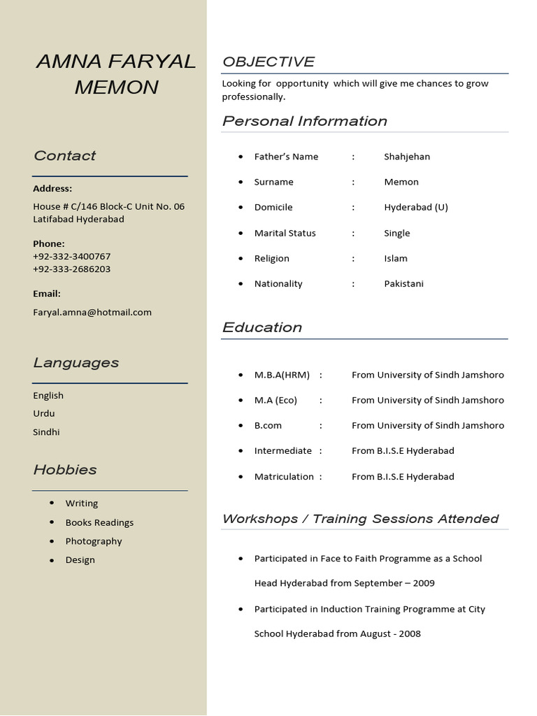 Amna Faryal Memon: Education & Experience | PDF