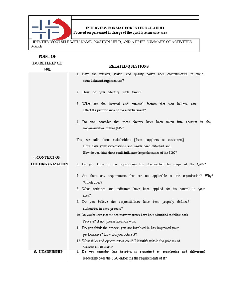 INTERVIEW FORMATS (Assurance-QMS) | PDF | Quality Management System | Audit