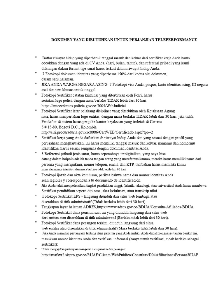 Dokumen Yang Diperlukan Untuk Penerimaan Teleperformance | PDF