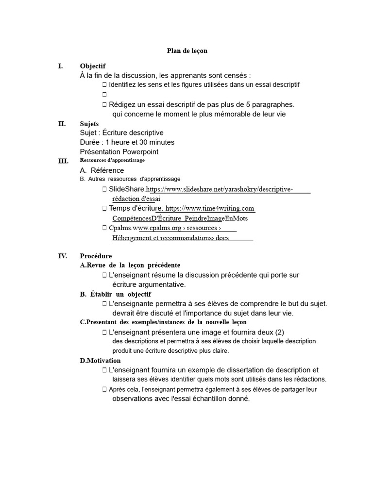 Leçon sur l'écriture descriptive | PDF | Apprentissage