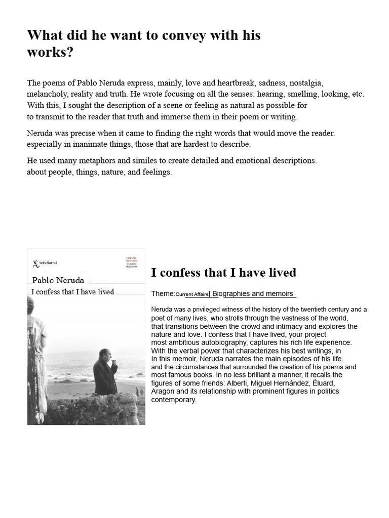 Exploring Pablo Neruda's Poetic Themes | PDF | Poetry | Love