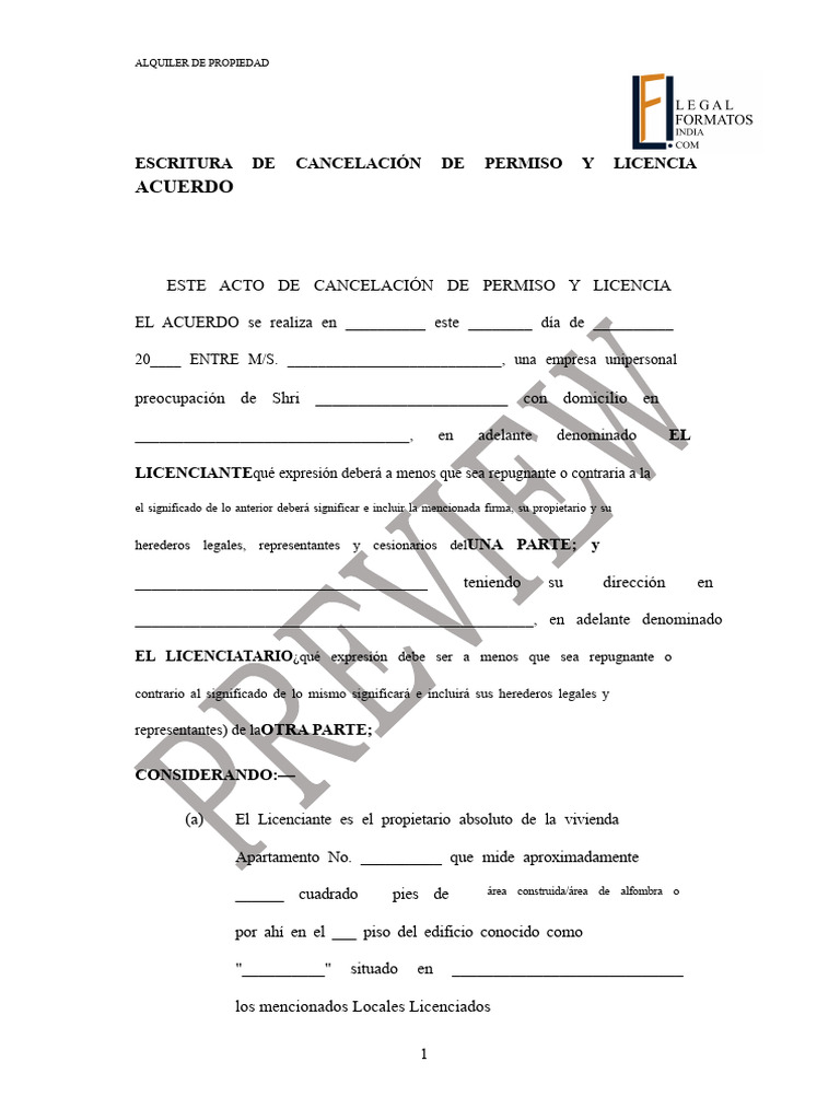 Ejemplo de Escritura de Cancelación de Acuerdo de Permiso y Licencia | PDF