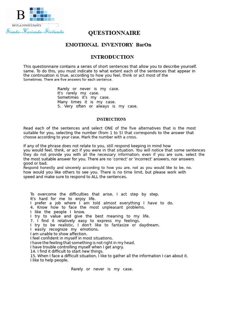 Baron Test Booklet | PDF | Feeling | Questionnaire