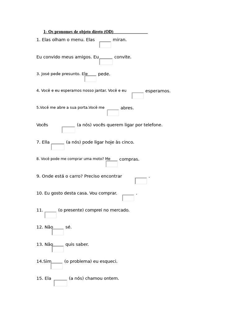 Os Pronomes de Objeto Direto e Indireto Exercícios!! | PDF | Pronome