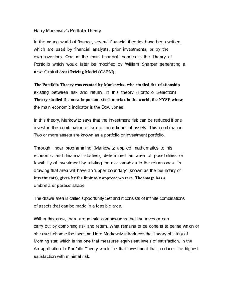 Harry Markowitz's Portfolio Theory | PDF | Diversification (Finance) | Financial Risk
