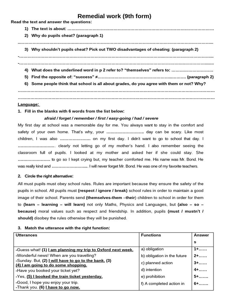 Remedial Work 9th Form | PDF