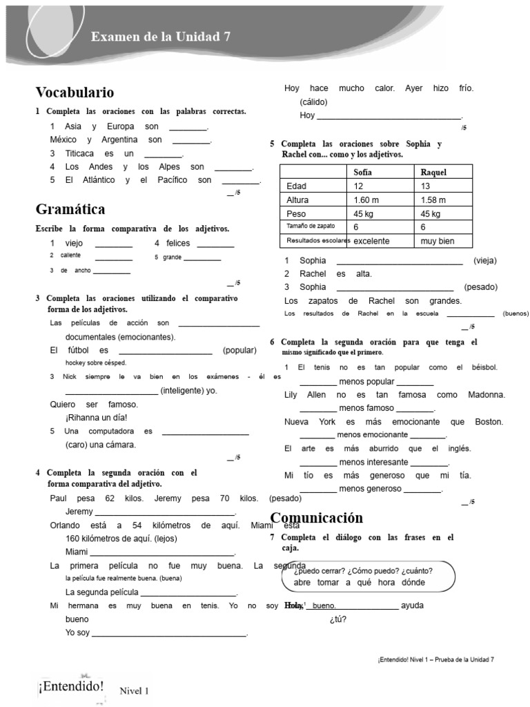 Examen Unidad 7: Vocabulario y Gramática | PDF