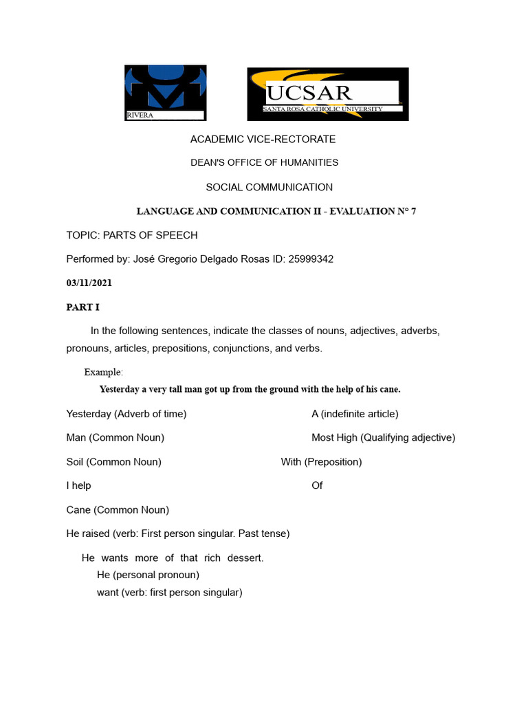 Evaluation 7 - Parts of Speech | PDF | Noun | Verb