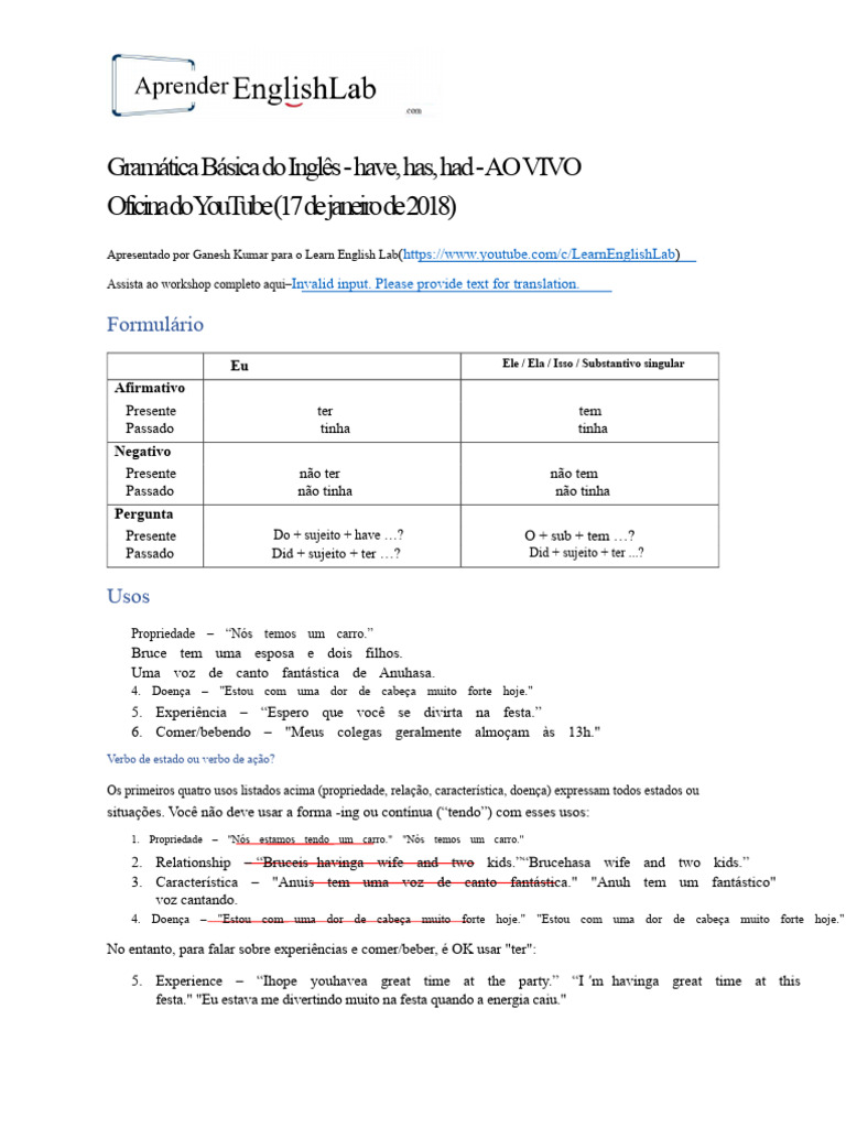 Gramática do Inglês: have, has, had | PDF | Assunto (gramática)