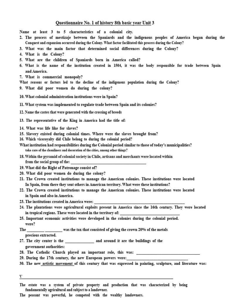 Colonial History Questionnaire for 8th Grade | PDF | Spanish ...