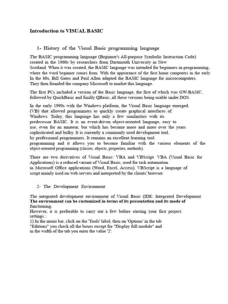 Introduction To VISUAL BASIC | PDF | Basic | Integrated Development Environment