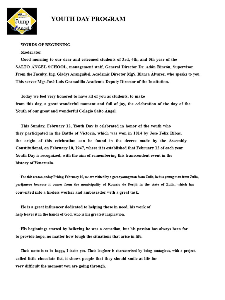 Youth Day Program Salto Angel School | PDF