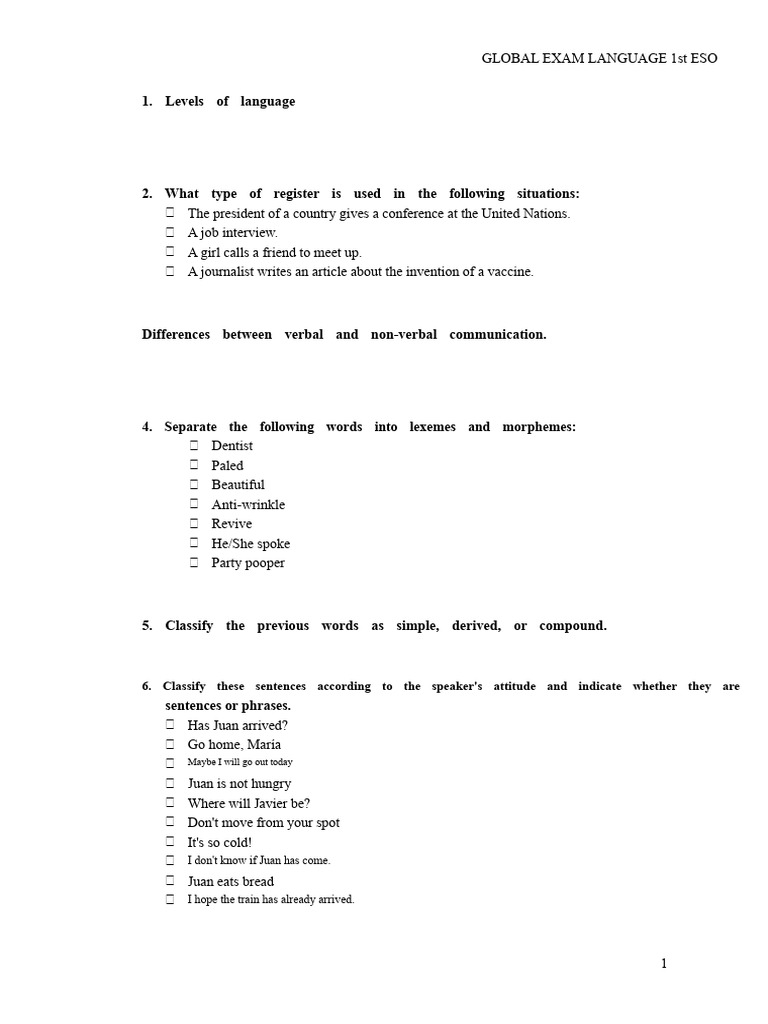 Global Exam Language 1st Year of ESO | PDF | Word | Semantics