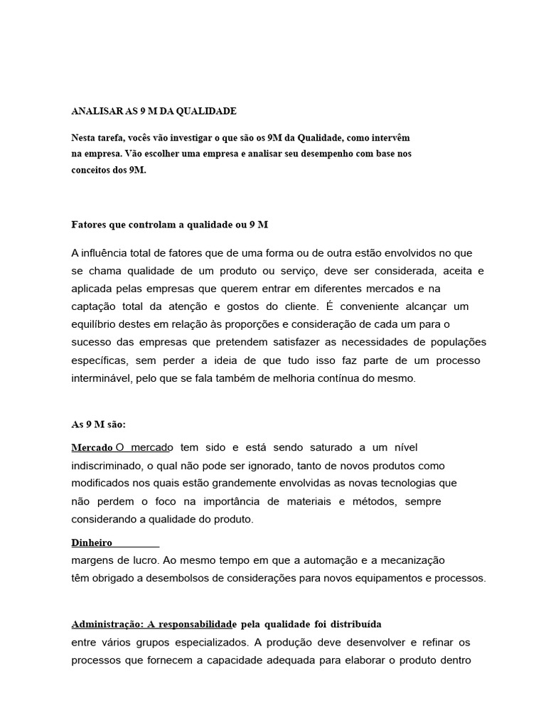 Análise dos 9M da Qualidade Empresarial | PDF | Qualidade (negócios ...