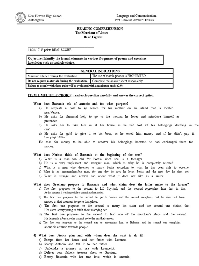 Merchant of Venice Reading Comprehension Test | PDF | The Merchant Of ...