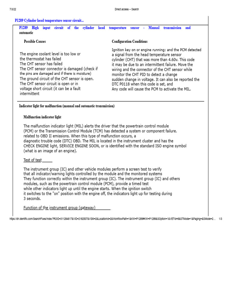 2004 F150 P1289 High Input of The Cylinder Head Temperature Sensor ...