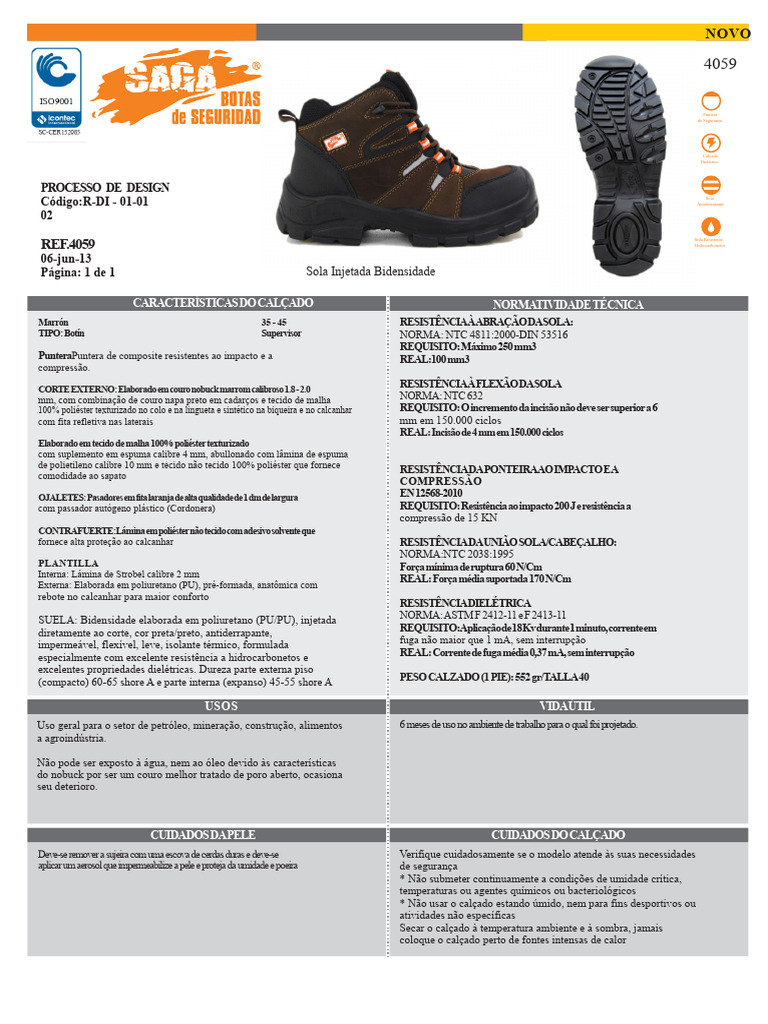 Ficha Técnica Botas Saga 4059 | PDF | Poliuretano | Materiais
