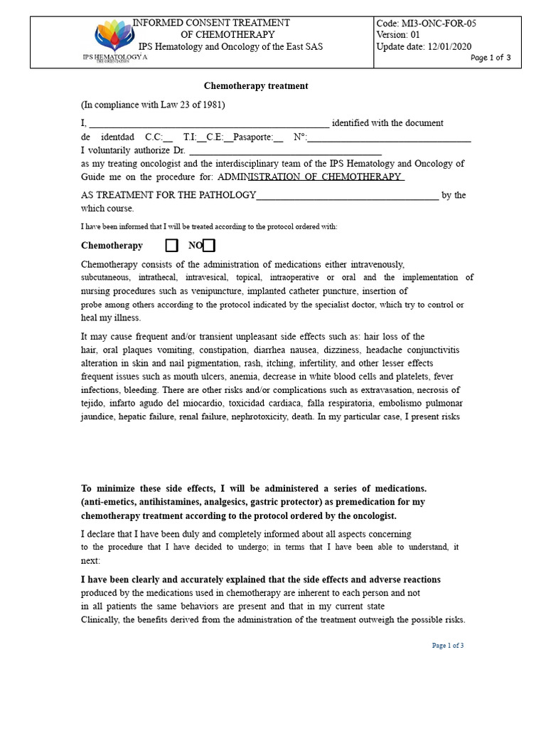 Informed Consent for Chemotherapy Treatment | PDF | Chemotherapy | Oncology