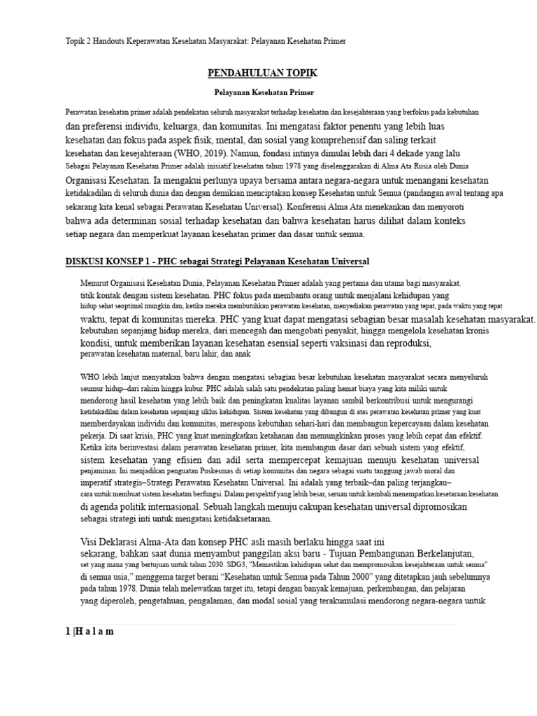 CHN 1 Topik 2 Handout Perawatan Kesehatan Primer | PDF