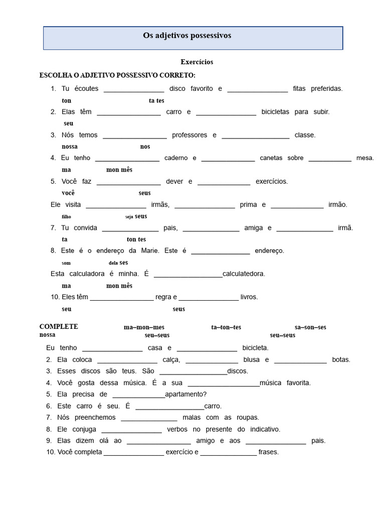 Os Adjetivos Possessivos - Exercícios | PDF