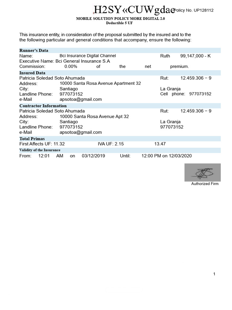 Mobile Insurance Policy UP128112 Details | PDF | Insurance | Deductible
