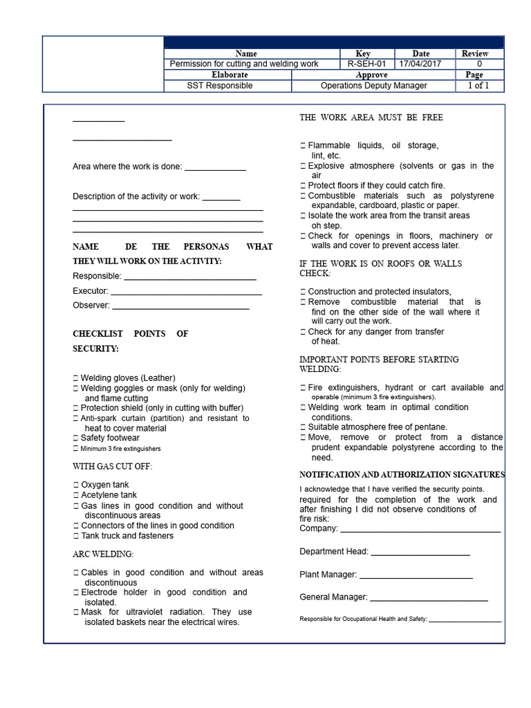 Permit For Cutting and Welding Work Bis | PDF | Welding | Construction