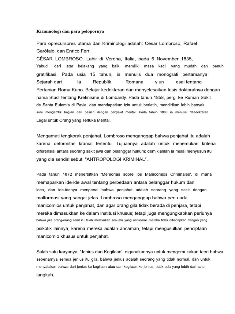 Pelopor Kriminologi: Lombroso, Ferri, Garófalo | PDF