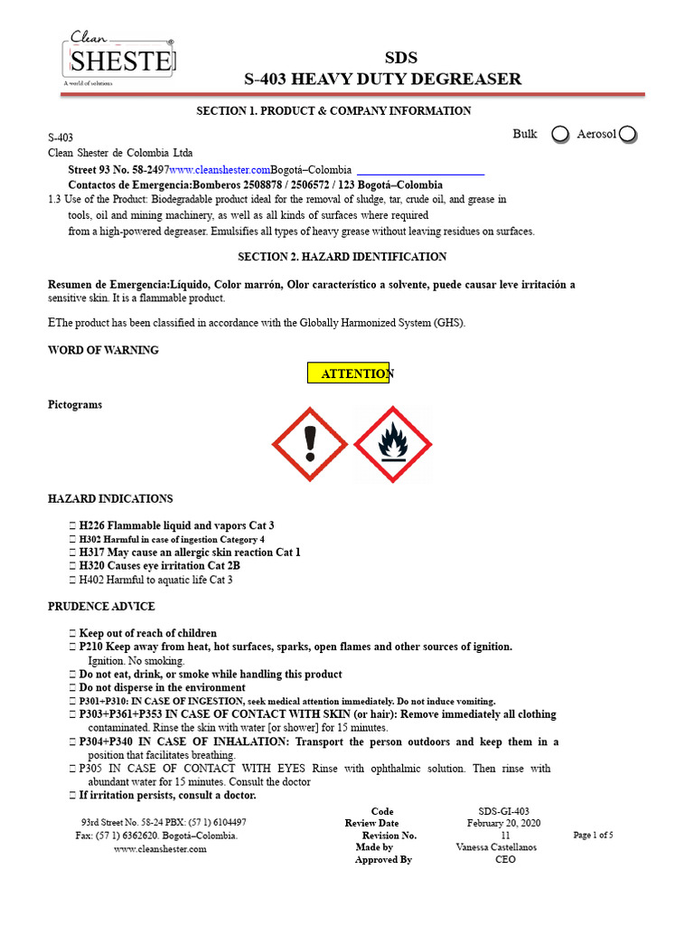 Safety Data Sheet S-403 Clean Shester Industrial Degreaser | PDF ...