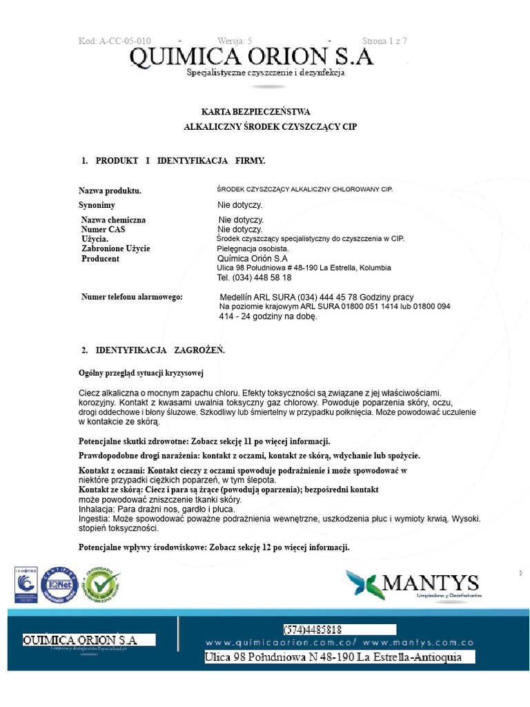 Alkaliczny Detergent Chlorowy Cip | PDF