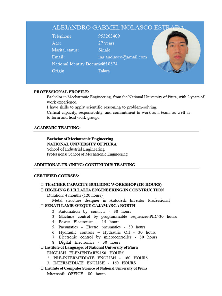 Professional Mechatronic CV | PDF | Mechatronics | Engineering