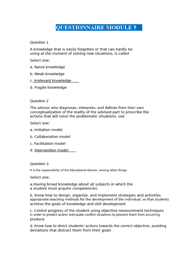 Questionnaire Module 5 | PDF | Knowledge | Learning