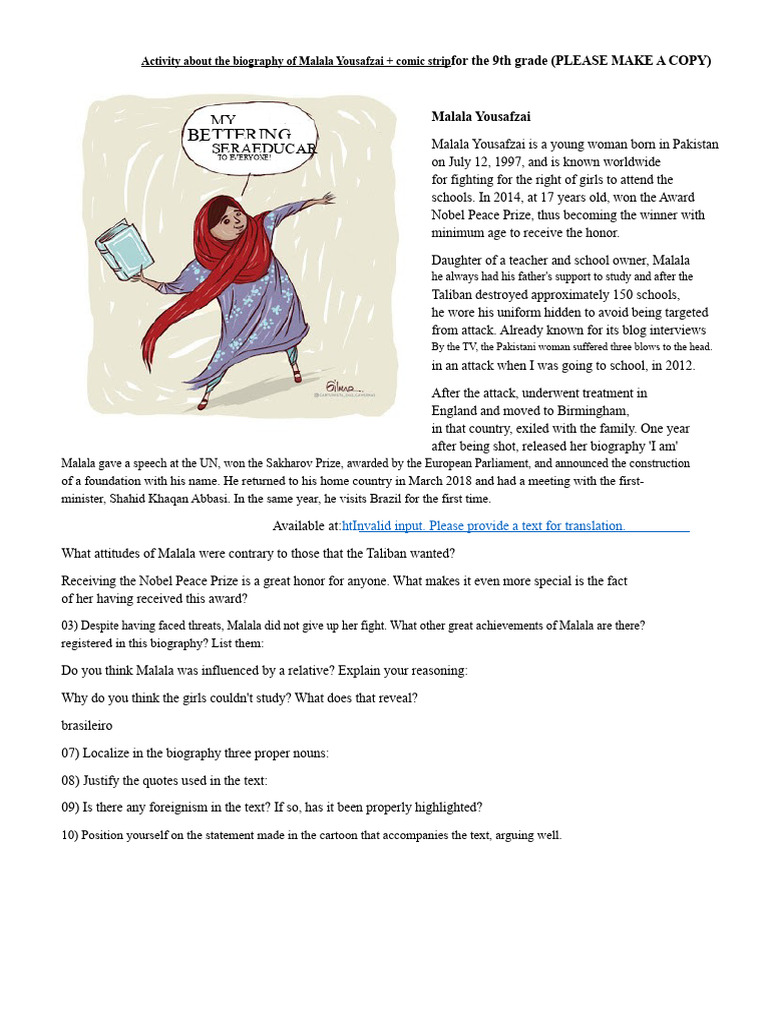 Activity About The Biography of Malala Yousafzai | PDF | Malala Yousafzai