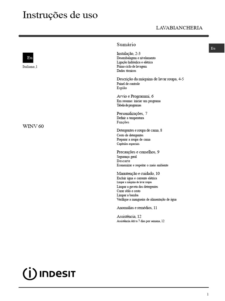 Manual de Instruções Indesit WINV 60 | PDF | Máquina de lavar roupa ...