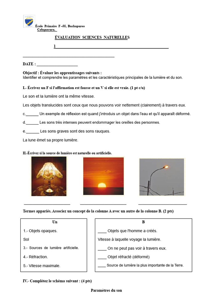 Évaluation sur la lumière et le son | PDF | Lumière | Réfraction