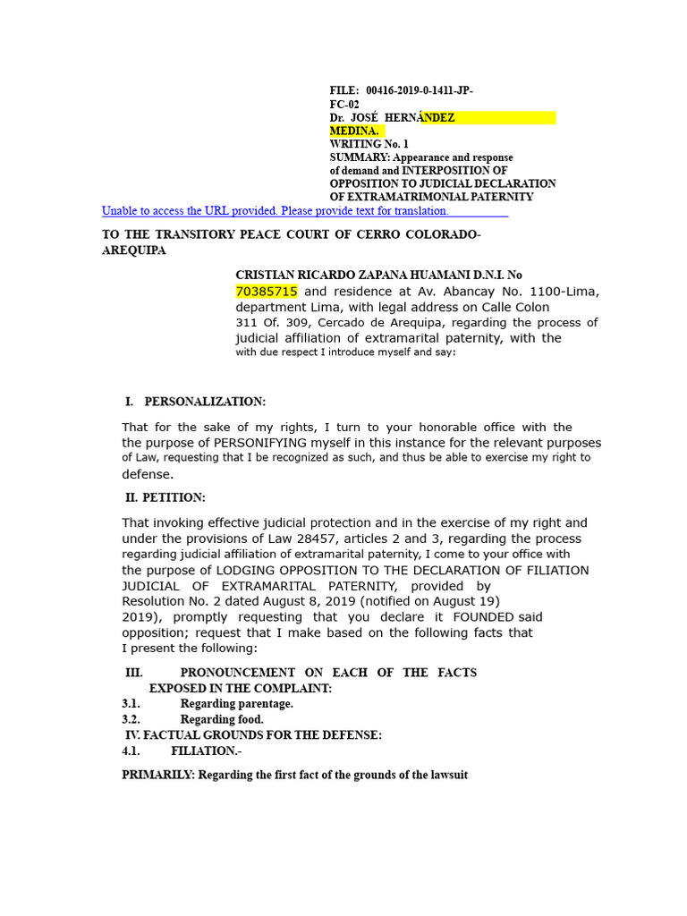 Response To Lawsuit - Filial Relationship | PDF | Complaint | Lawsuit