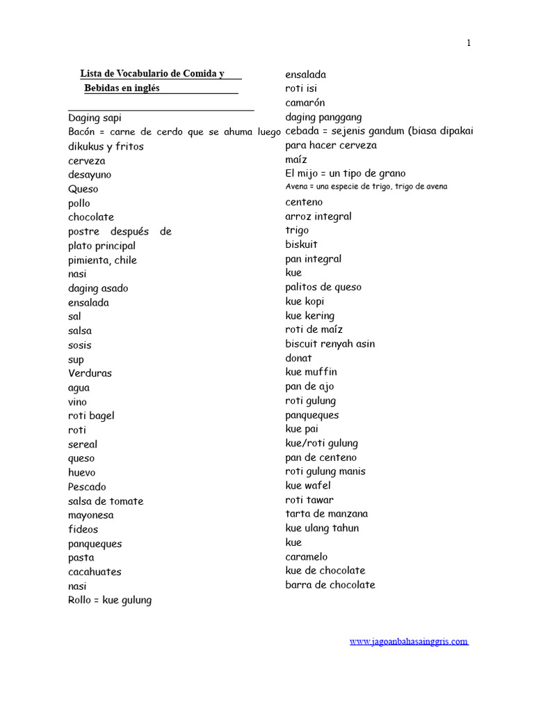 Lista de Vocabulario de Alimentos y Bebidas en Inglés | PDF | Alimentos ...