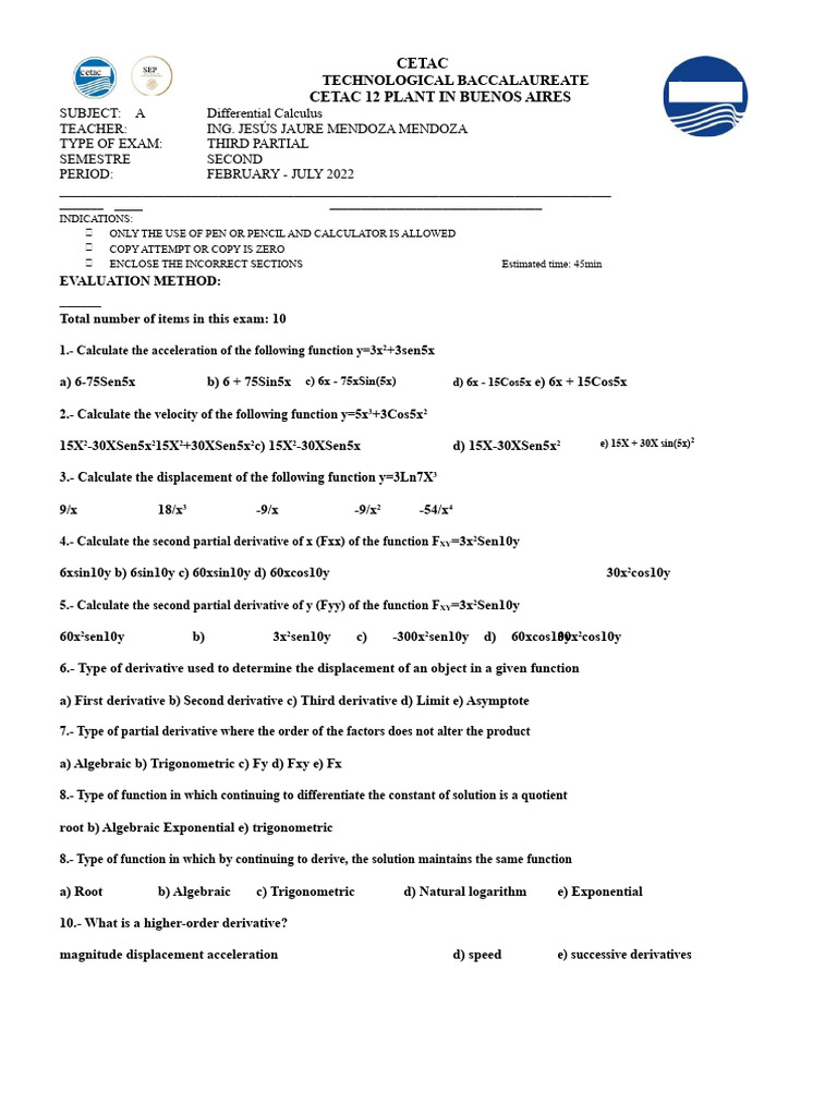Differential Calculus Exam | PDF | Derivative | Function (Mathematics)