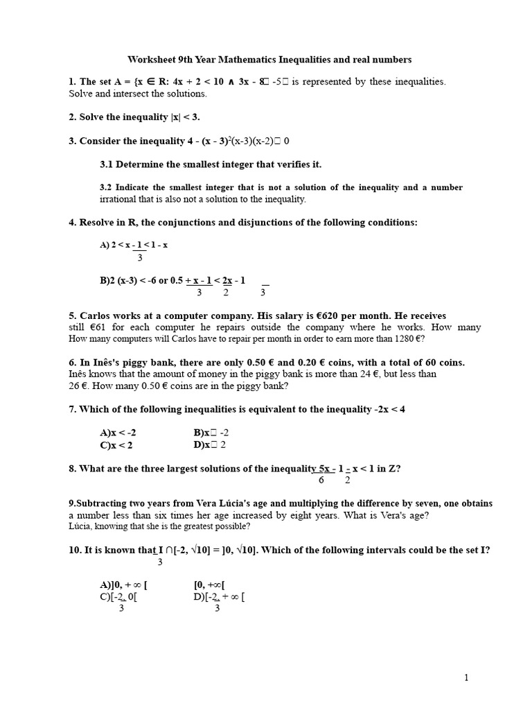 9th Grade Math Worksheet Inequalities and Real Numbers | PDF ...